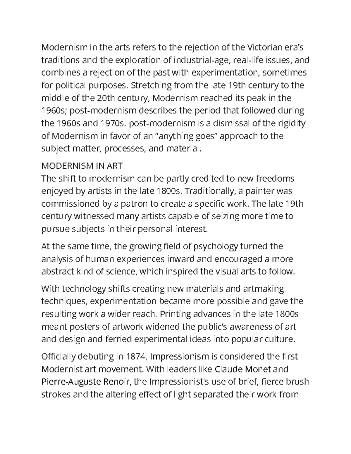 Modernism Notes - Modernism in the arts refers to the rejection of the ...