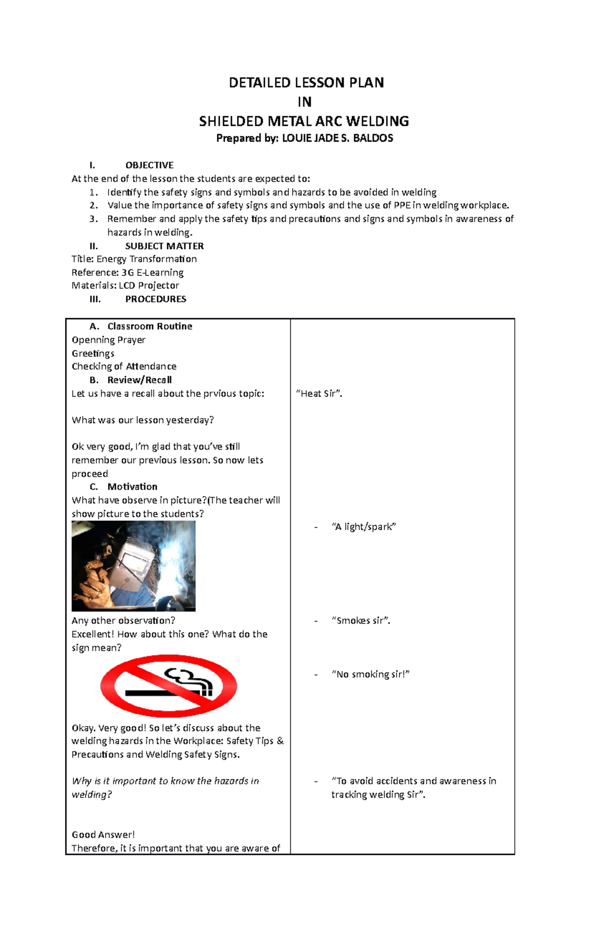 Detailed Lesson PLAN - DETAILED LESSON PLAN IN SHIELDED METAL ARC ...