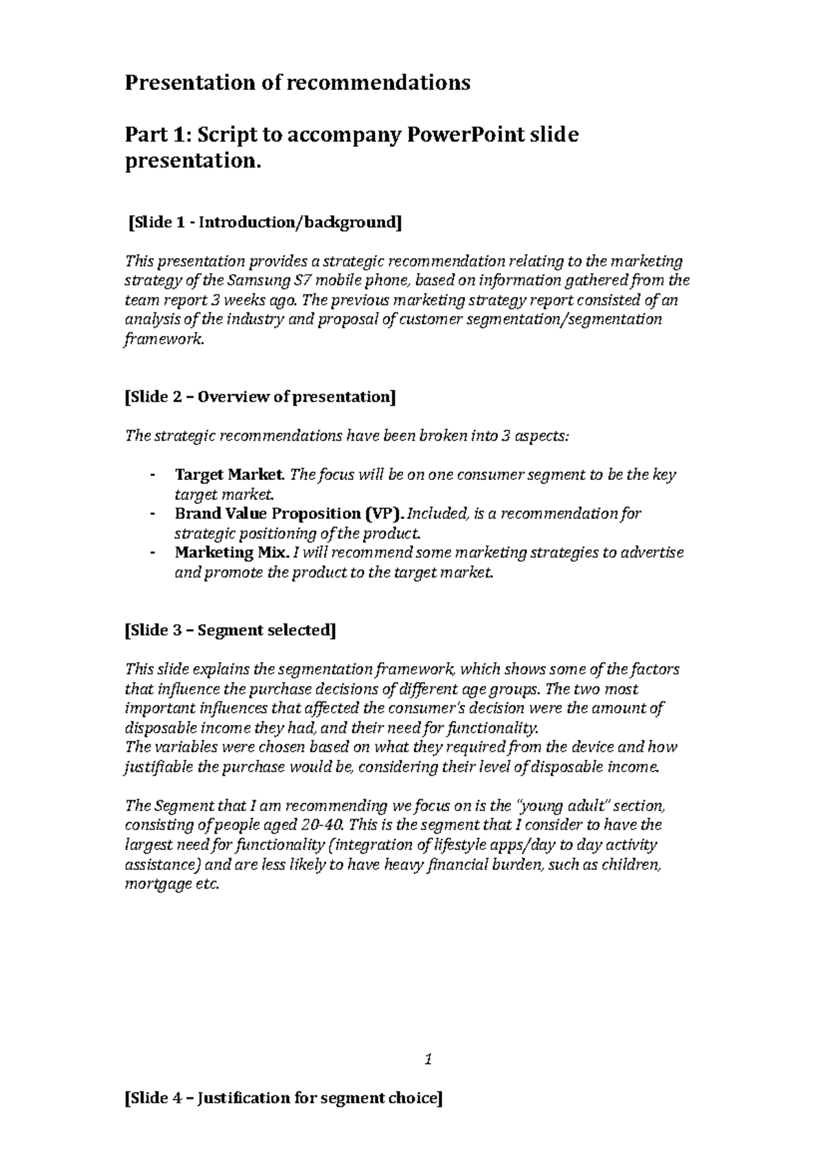 Marketing presentation - Presentation of recommendations Part 1: Script ...