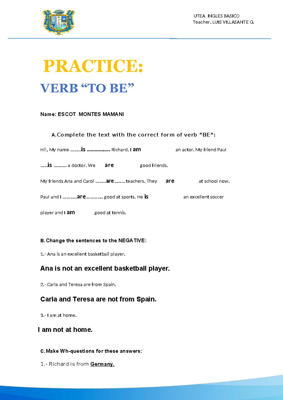 10° Practice VERB TO BE - INGLES - UTEA INGLES BASICO Teacher. LUIS ...