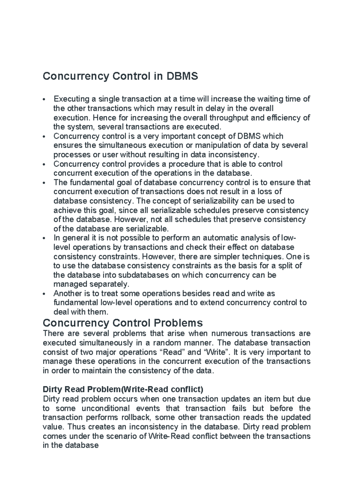 Concurrency Control In Dbms Hence For Increasing The Overall Throughput And Efficiency Of The