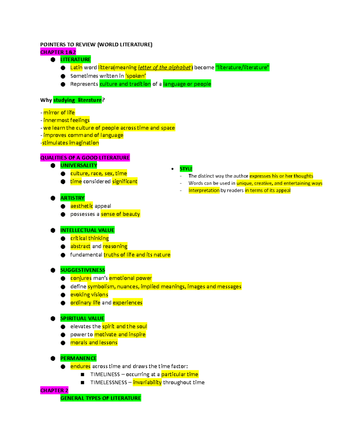 Pointers TO Review ( World Literature) - POINTERS TO REVIEW (WORLD ...