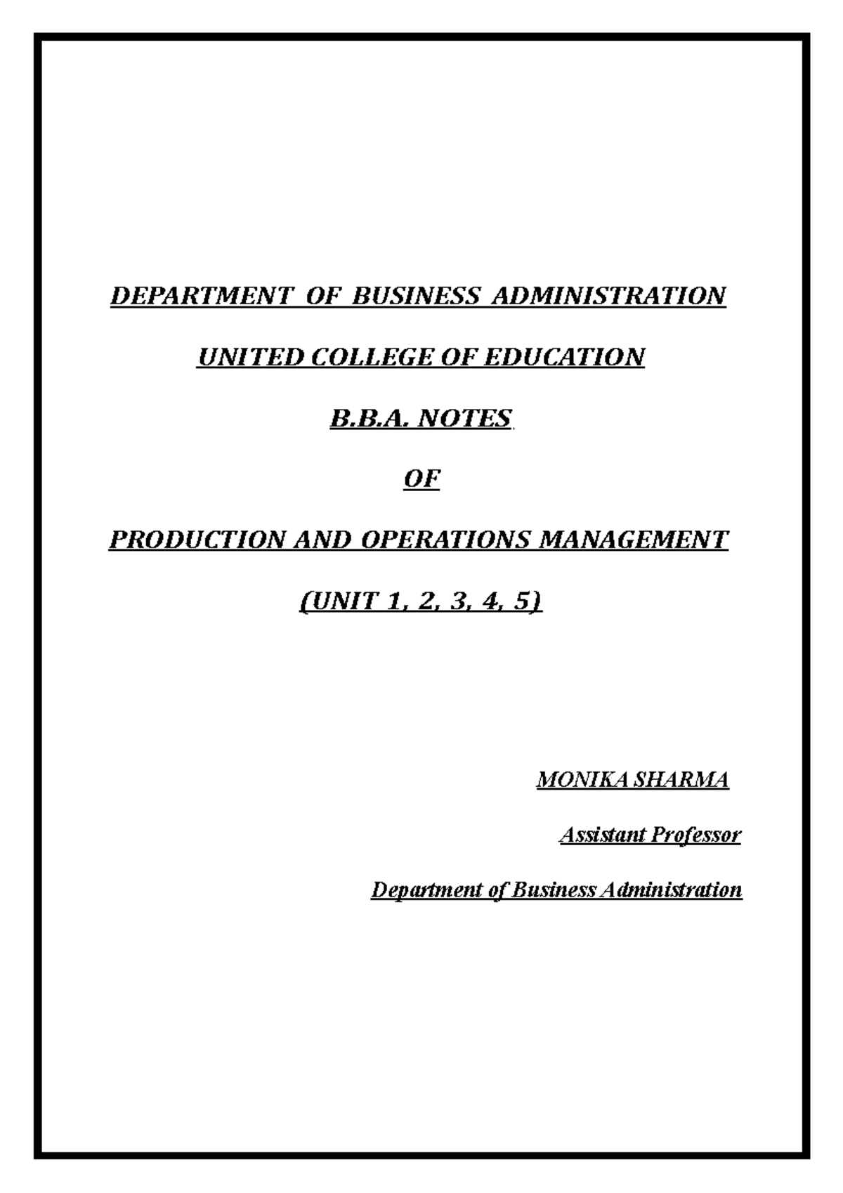 POM- Final - Lecture notes - DEPARTMENT OF BUSINESS ADMINISTRATION ...