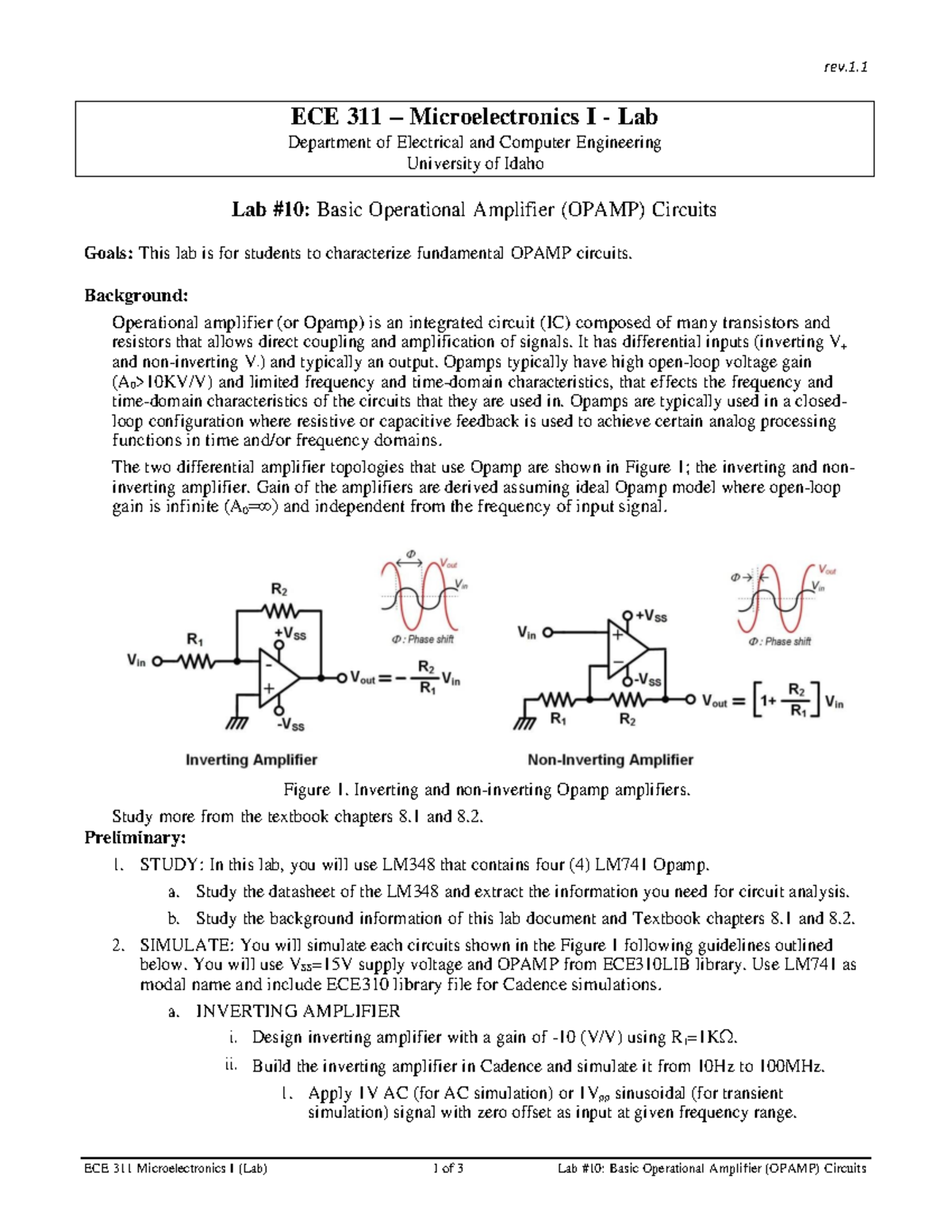 Lab10 Opamp.circuits. - rev. ECE 311 Microelectronics I (Lab) 1 of 3 ...
