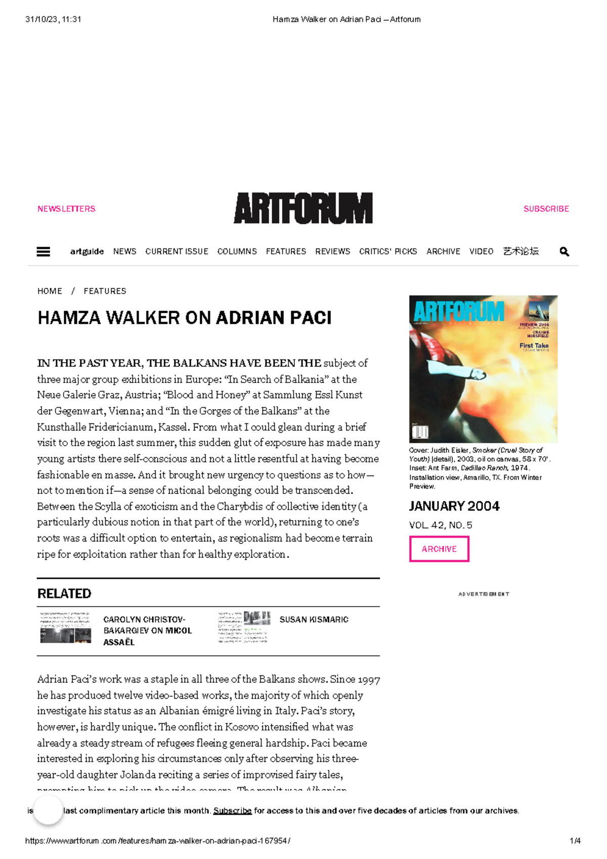 Artforum Hamza Walker on Adrian Paci 2004 - 31/10/23, 11:31 Hamza Walker on Adrian Paci ...