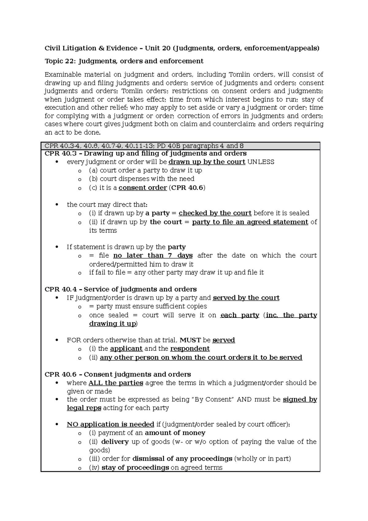 Civil Lit Unit 20 (Judgments, orders, enforcement and appeals) - Studocu