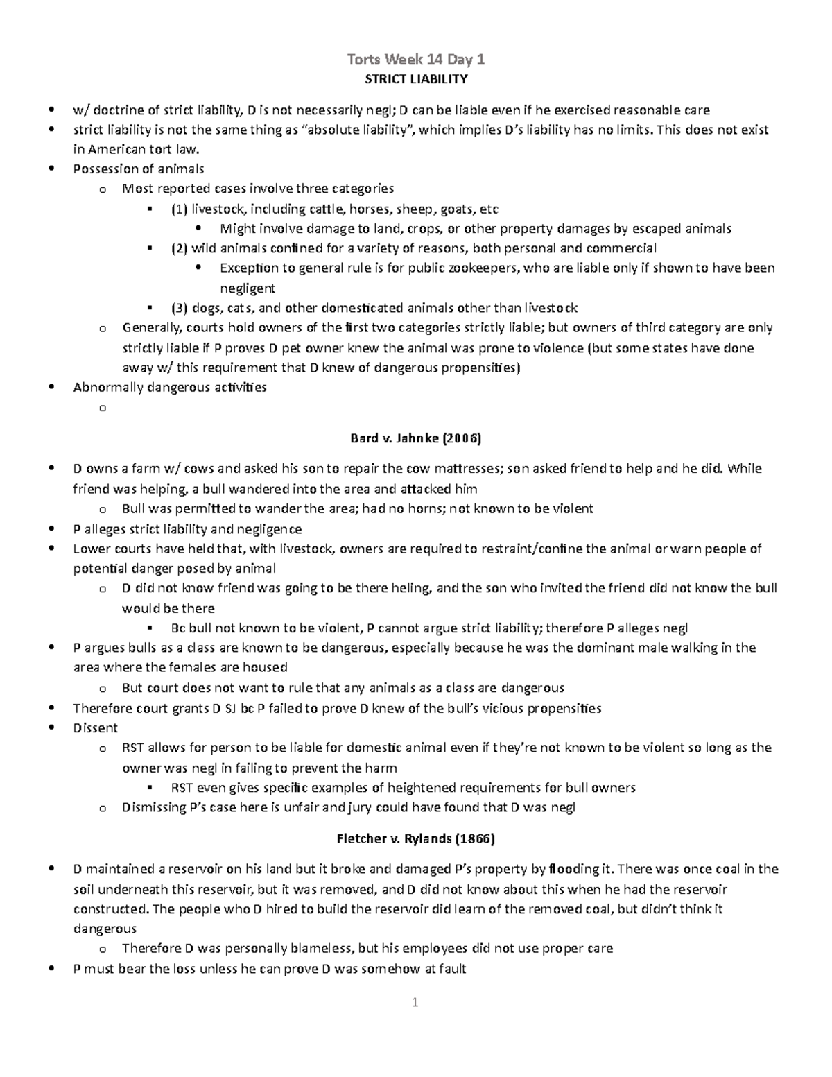 Torts - Notes on cases and in-class lectures - Torts Week 14 Day 1 ...