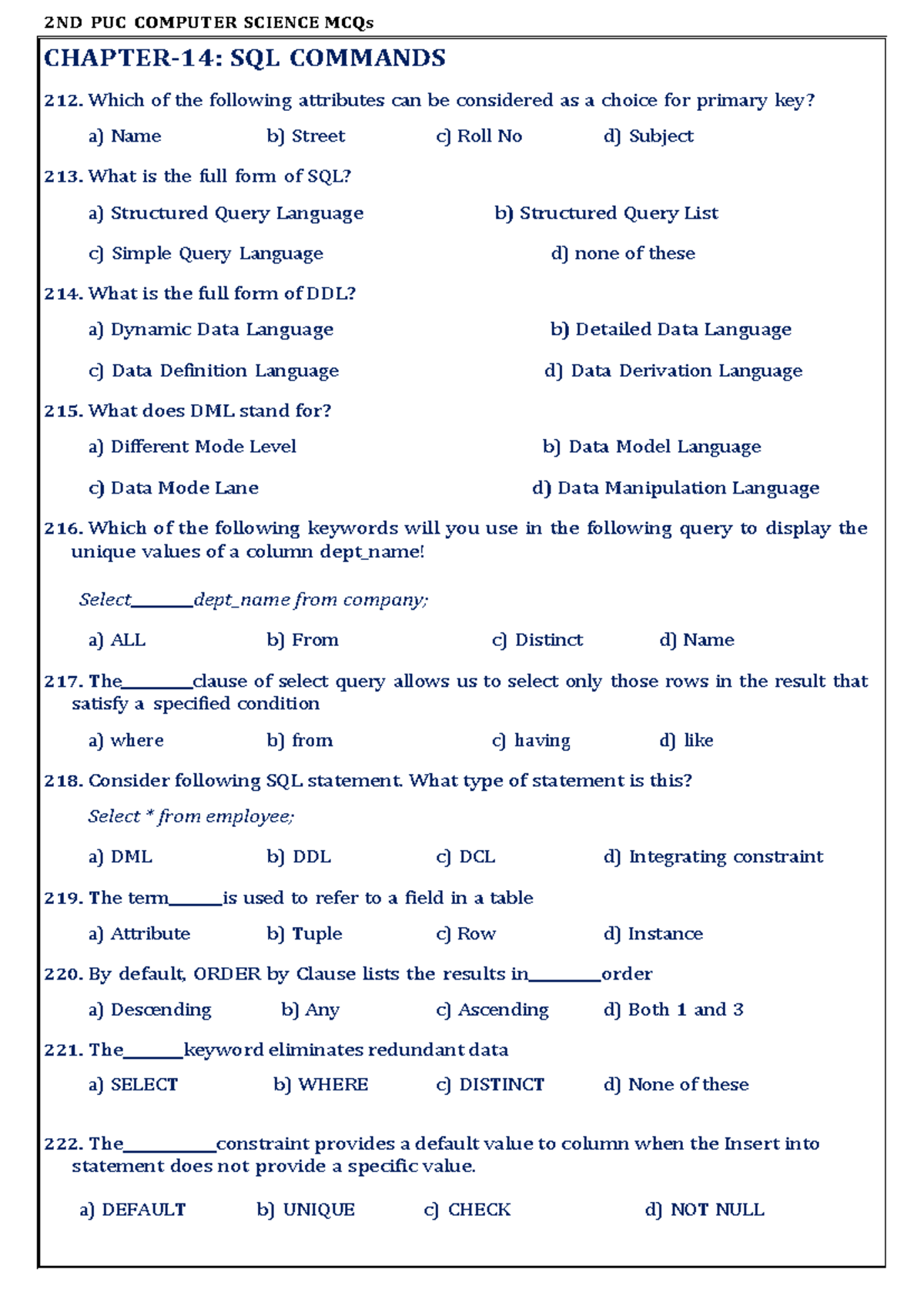 Chapter 14 - PUC Notes - 2ND PUC COMPUTER SCIENCE MCQs CHAPTER-14: SQL ...