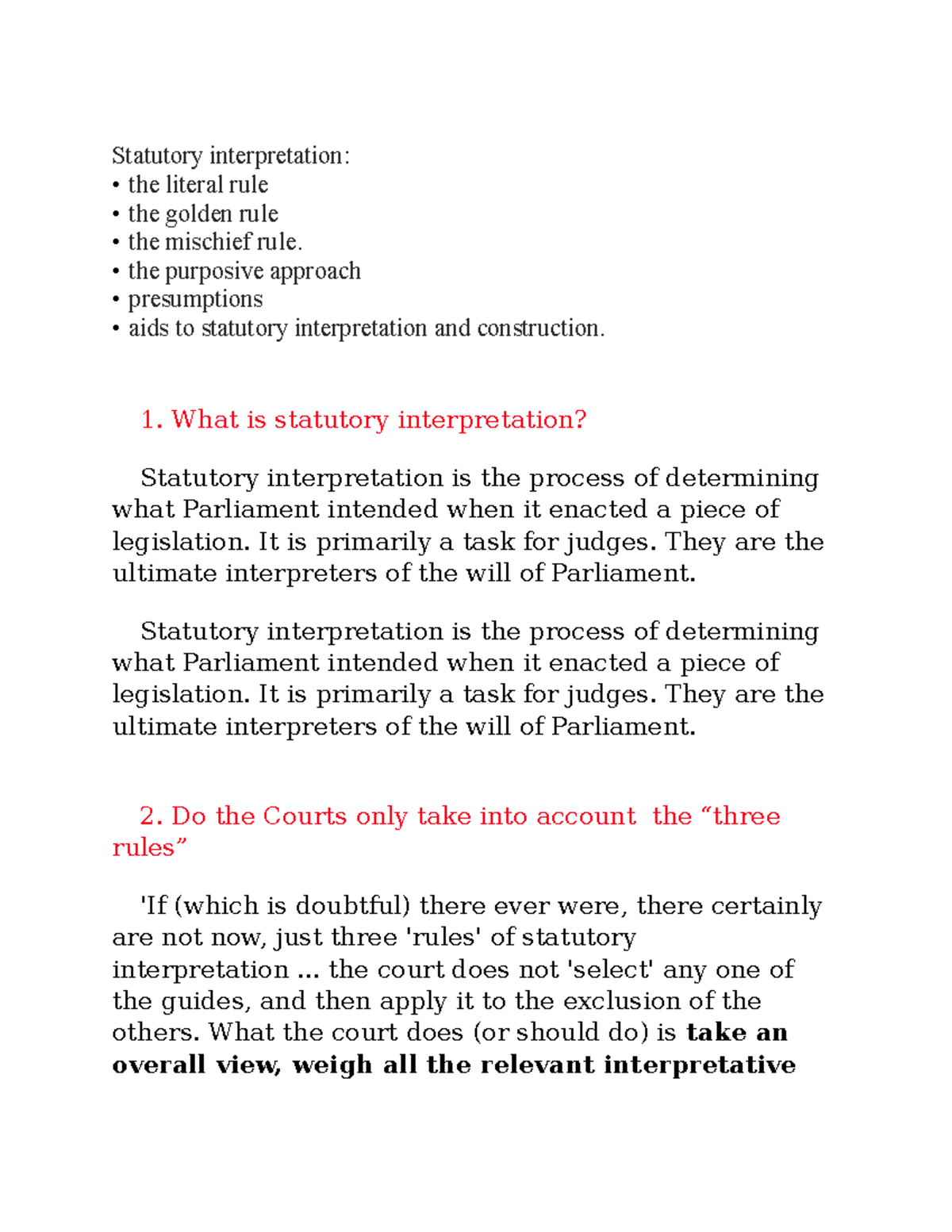 Statutory Interpretation Notes - Statutory interpretation: the literal ...