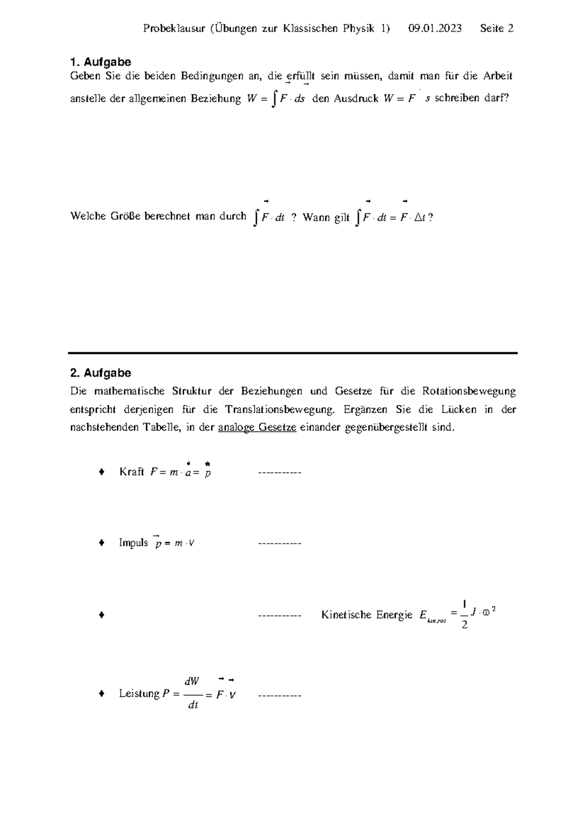 Probeklausur Physik - Probeklausur (Übungen zur Klassischen Physik 1 ...