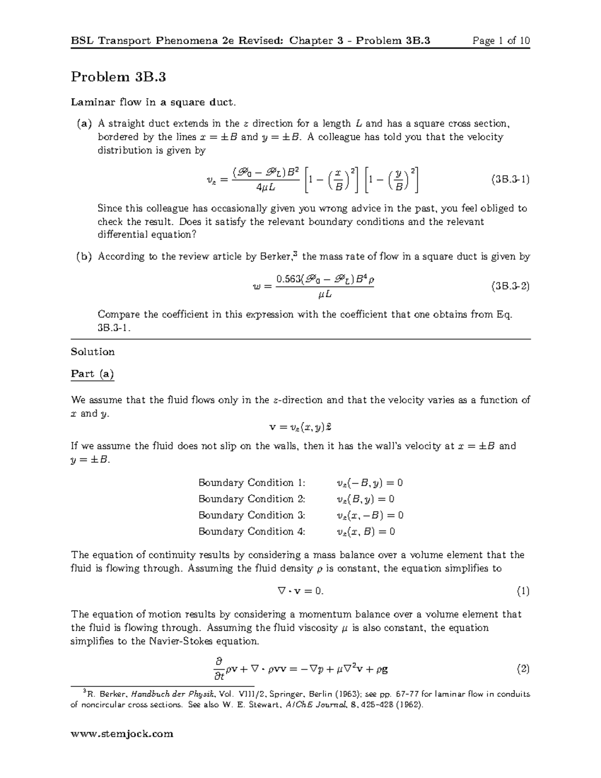 Transport Phenomenon Questions - Problem 3B. Laminar flow in a square ...