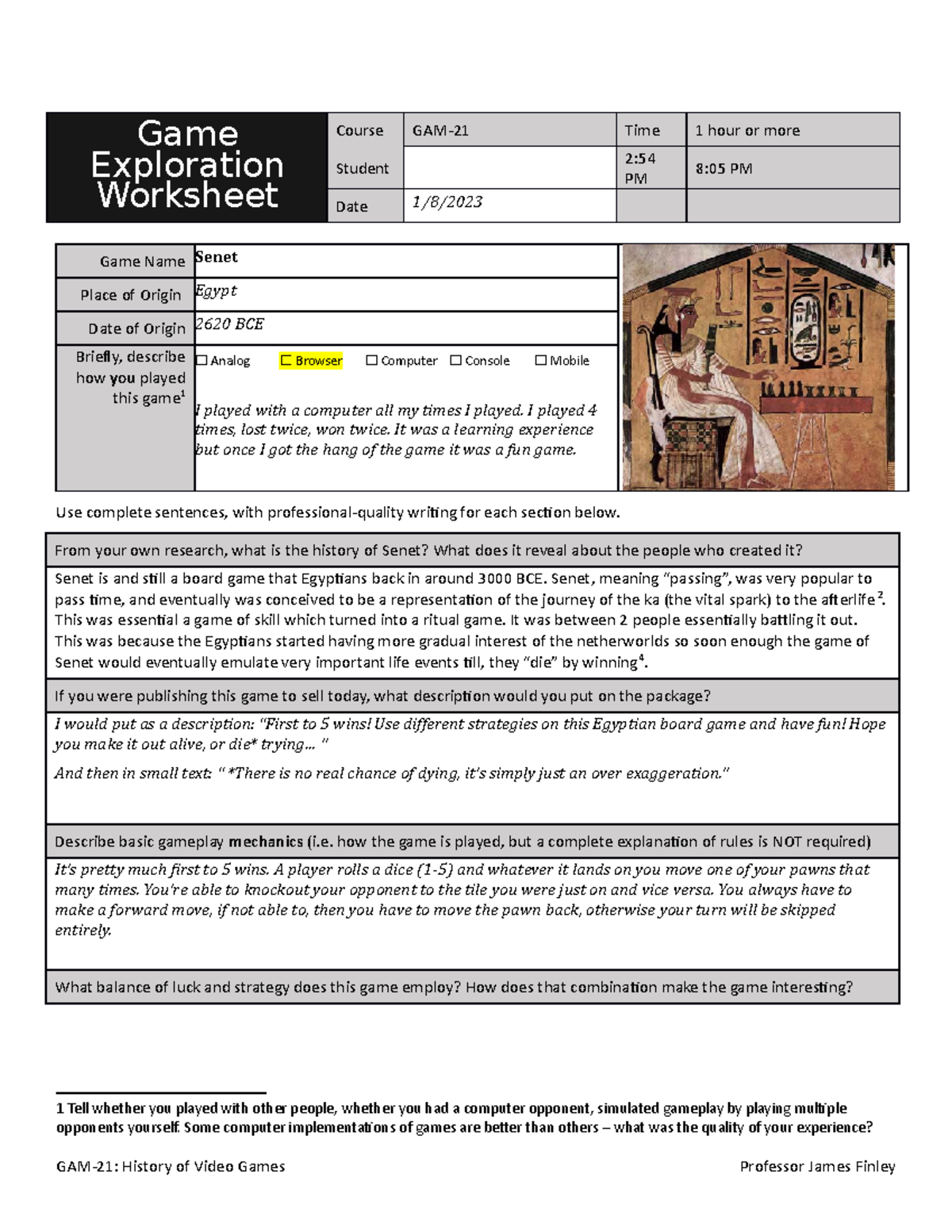 GAM 21 (GAM 2) - Research Senet - Game Exploration Worksheet Course GAM ...