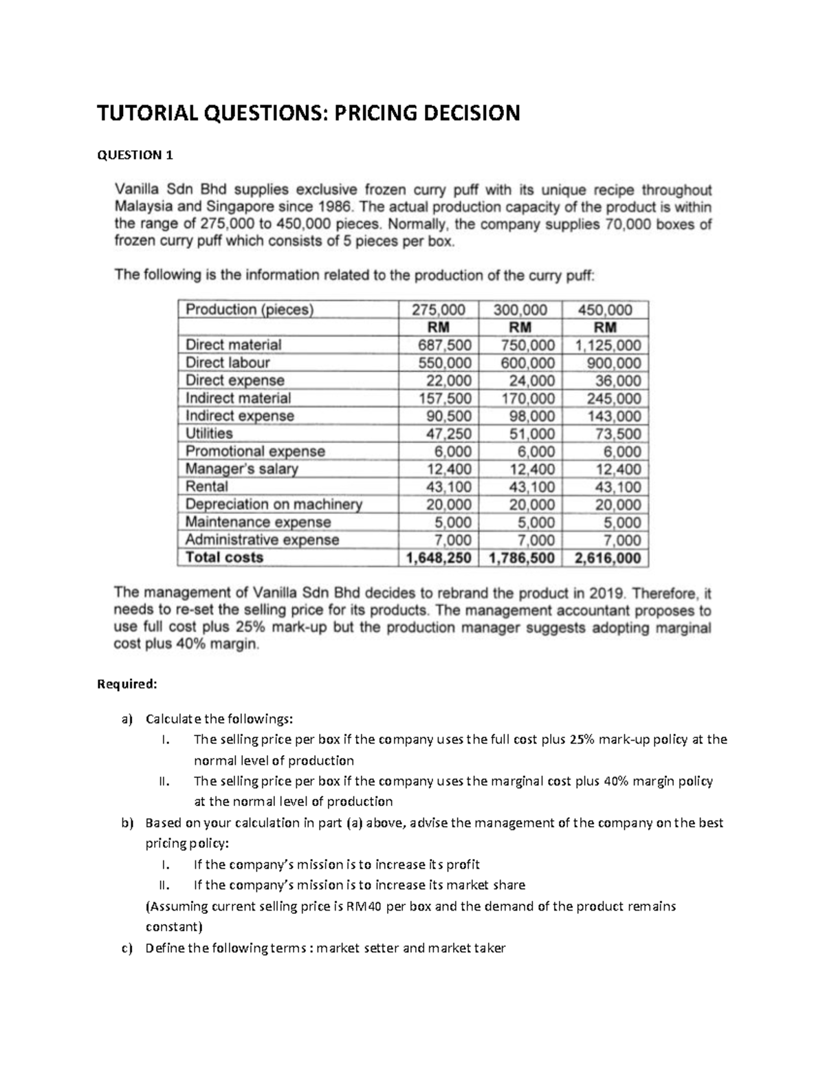 Topic 5 pricing decision Tutorial - TUTORIAL QUESTIONS: PRICING ...