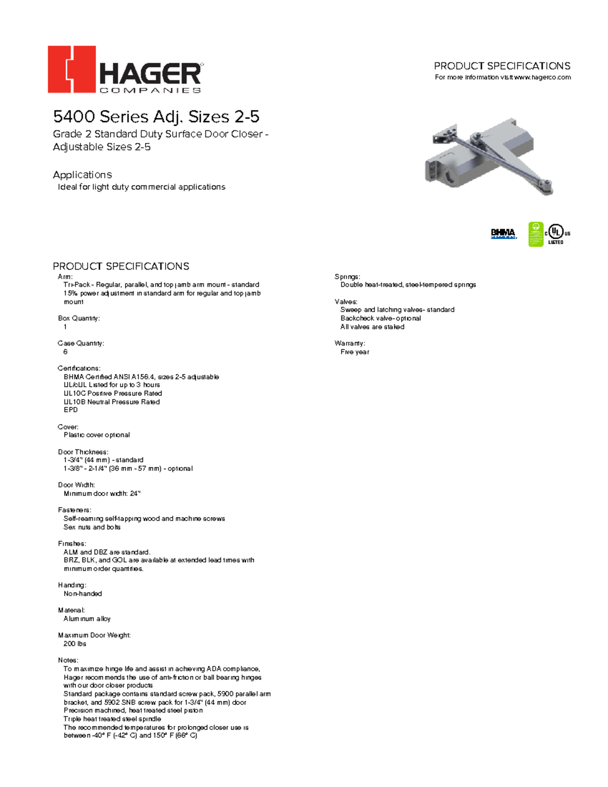 Ficha Ténica cierrapuertas series 5400 - PRODUCT SPECIFICATIONS For ...