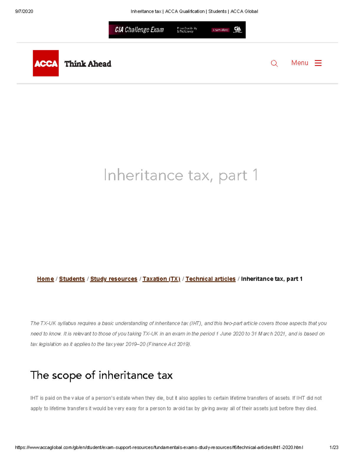 Inheritance tax ACCA Qualification Students ACCA Global - Home/ Students/ Study resources ...