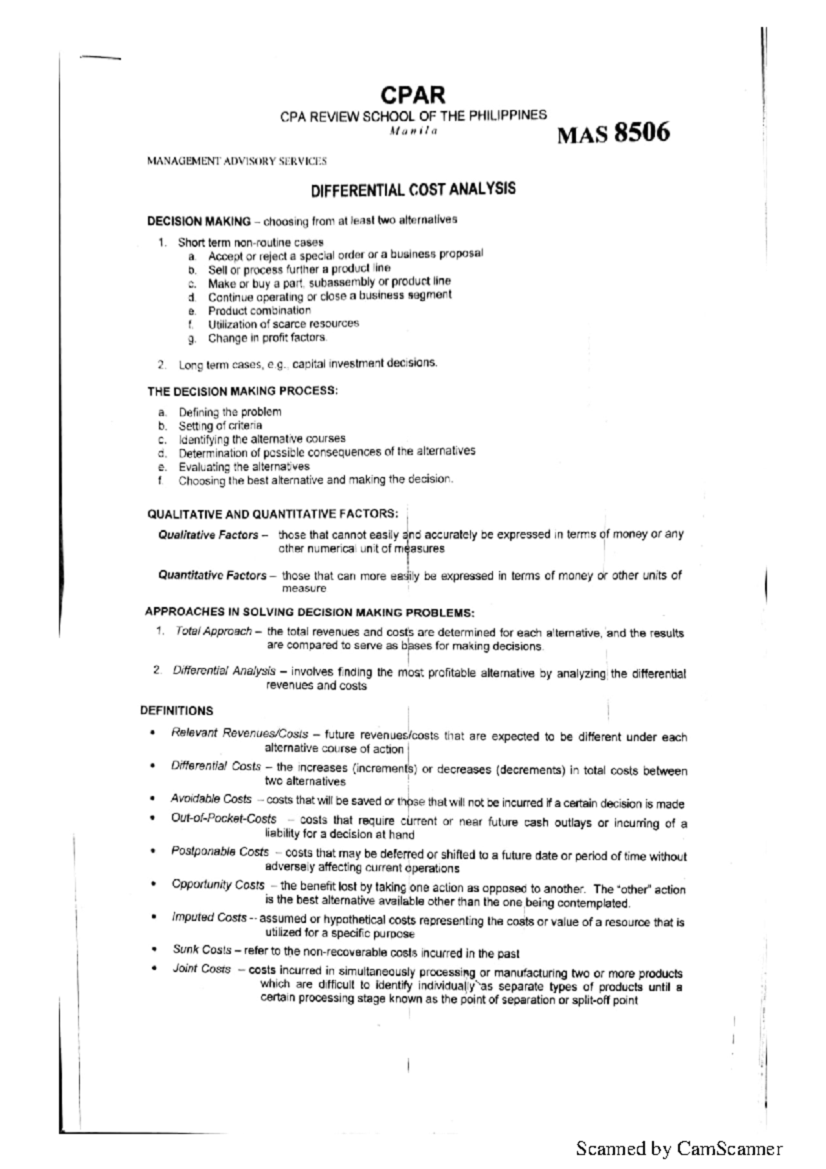 MAS 8506 - DIFFERENTIAL ANALYSIS-CPAR HANDOUT - Accountancy - Studocu