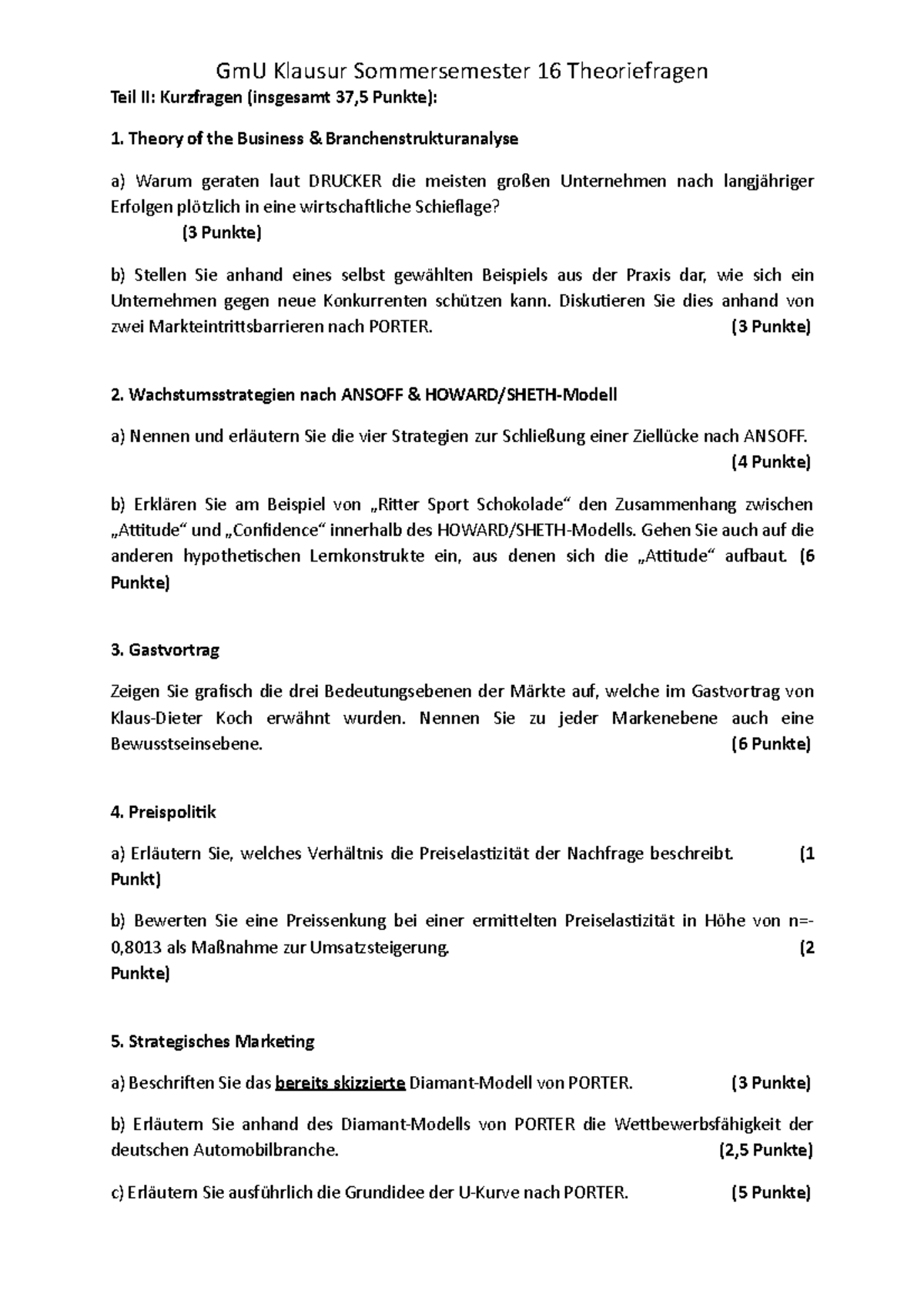Klausur Sommersemester 2016, Fragen - GmU Klausur Sommersemester 16 Theoriefragen Teil II: - Studocu
