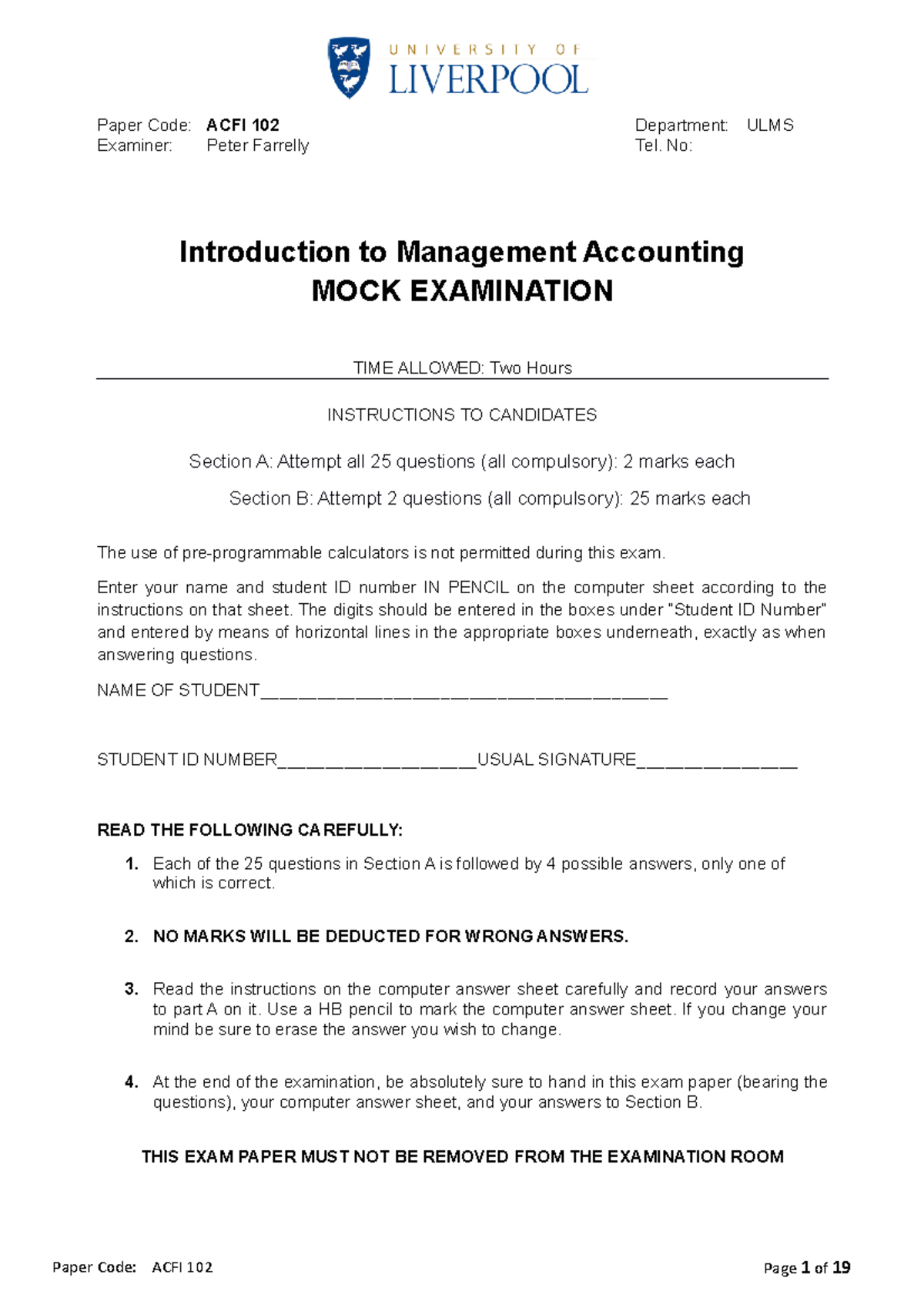 ACFI102 Sample paper - Paper Code: ACFI 102 Department: ULMS Examiner ...