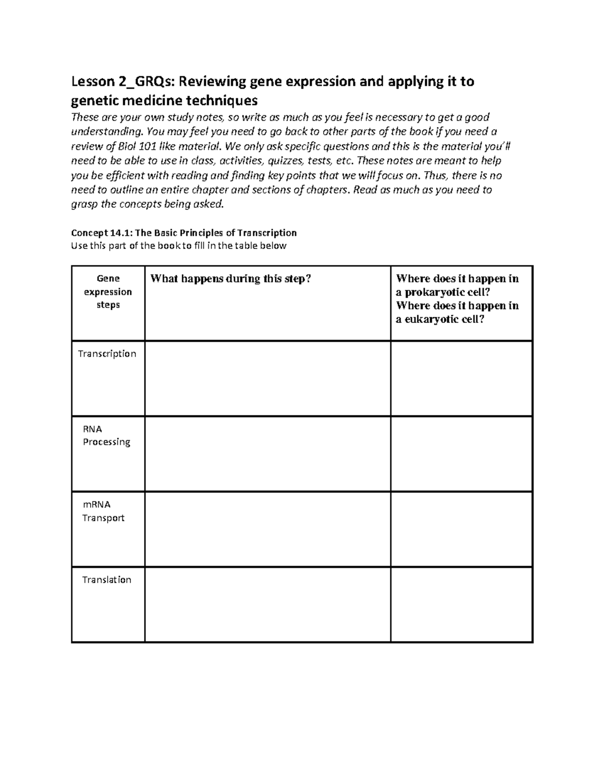 Lesson 2 GRQs - Before Class Homework - Lesson 2_GRQs: Reviewing gene expression and applying it ...