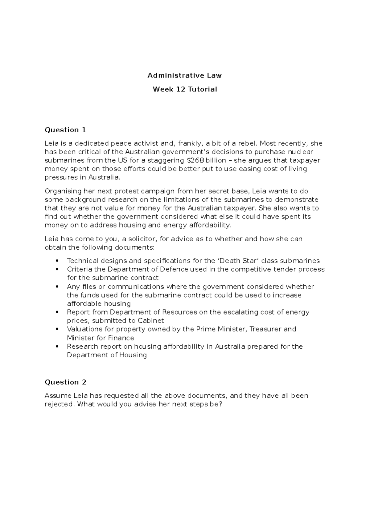 Admin Law Tutorial Week 12 Administrative Law Week 12 Tutorial Question 1 Leia Is A Dedicated 