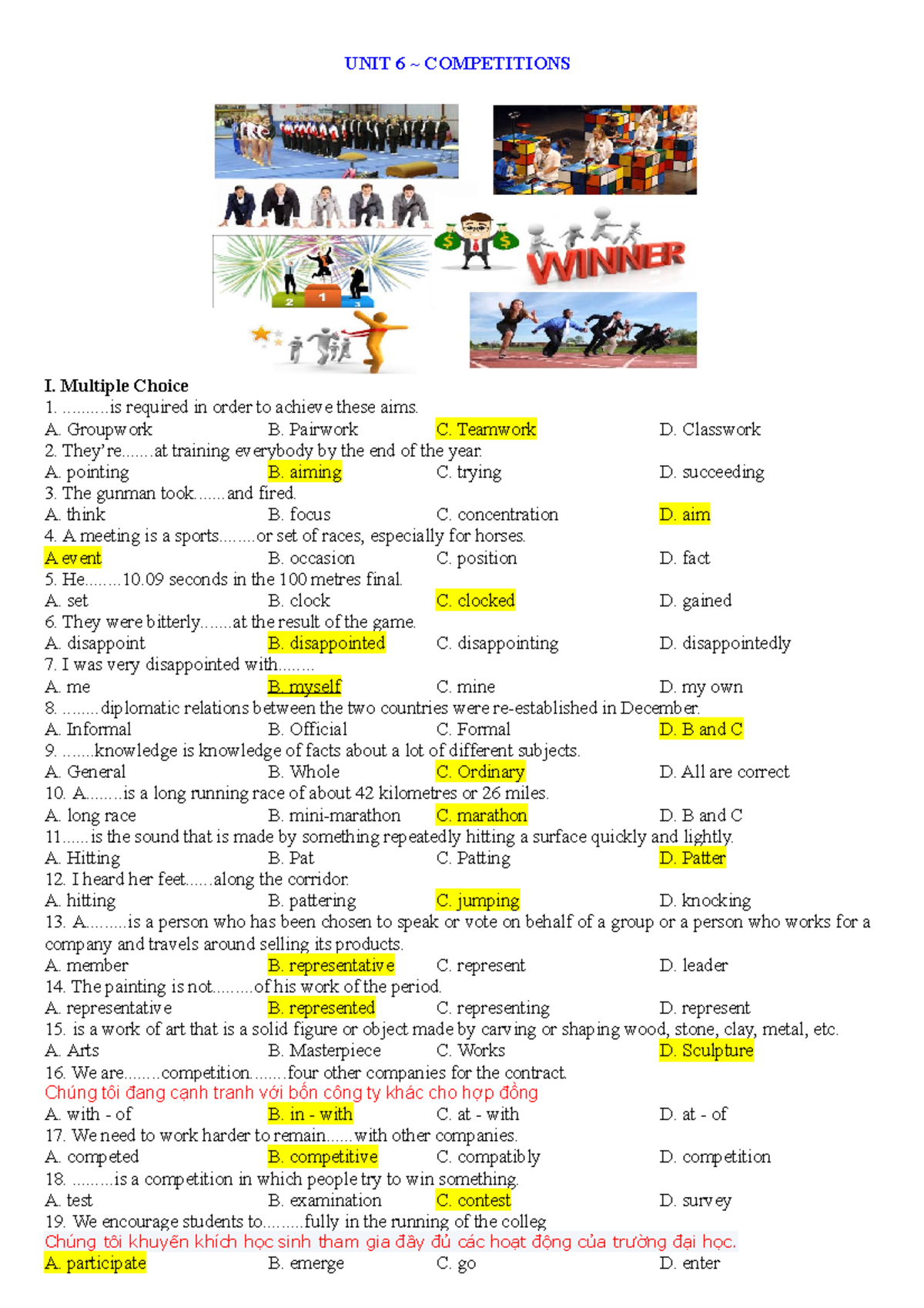 UNIT 6 Competitions Test - UNIT 6 ~ COMPETITIONS I. Multiple Choice ...