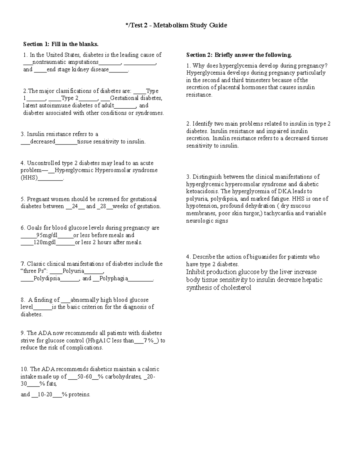 Test 2 Study Guide - srudy document - */Test 2 - Metabolism Study Guide ...