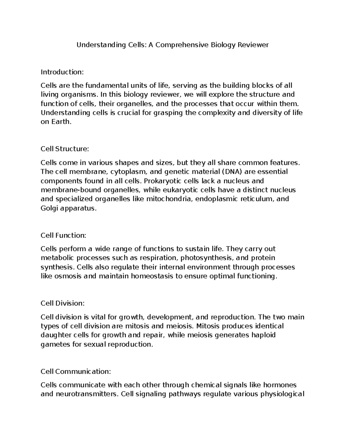 Biology Reviewer cells - Understanding Cells: A Comprehensive Biology ...