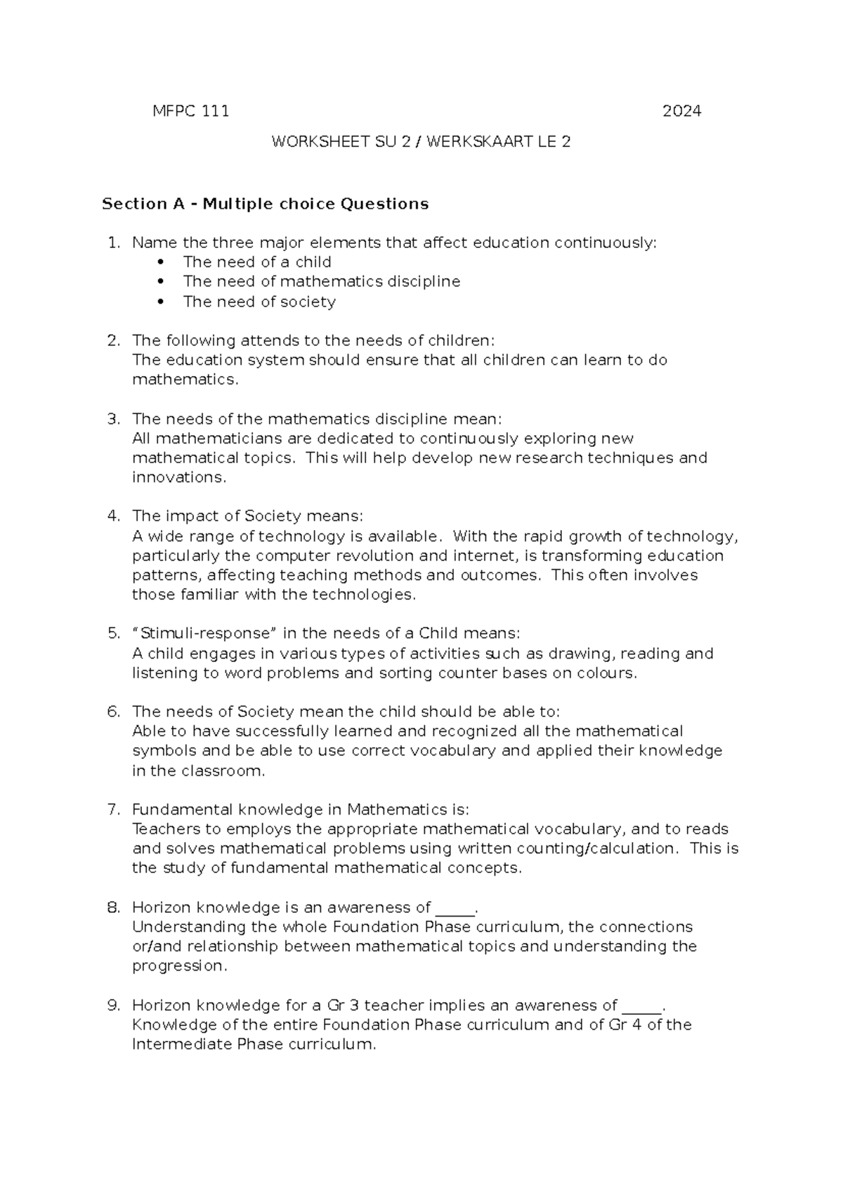 MFPC 111 2024 SU2 - MFPC 111 2024 SU2 - Summary Prep on assignments ...