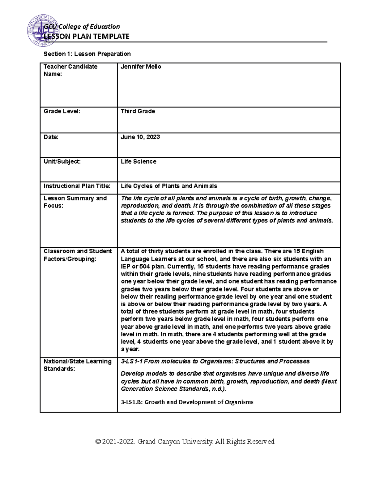 Science Lesson Plan - LESSON PLAN TEMPLATE Section 1: Lesson ...