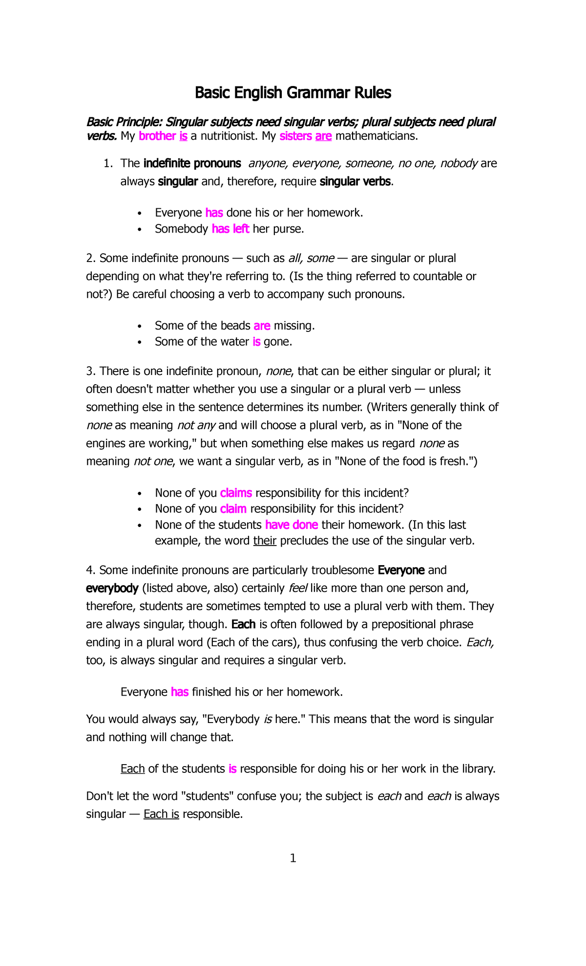 Basic English Grammar Rules - Basic English Grammar Rules Basic Principle: Singular subjects ...