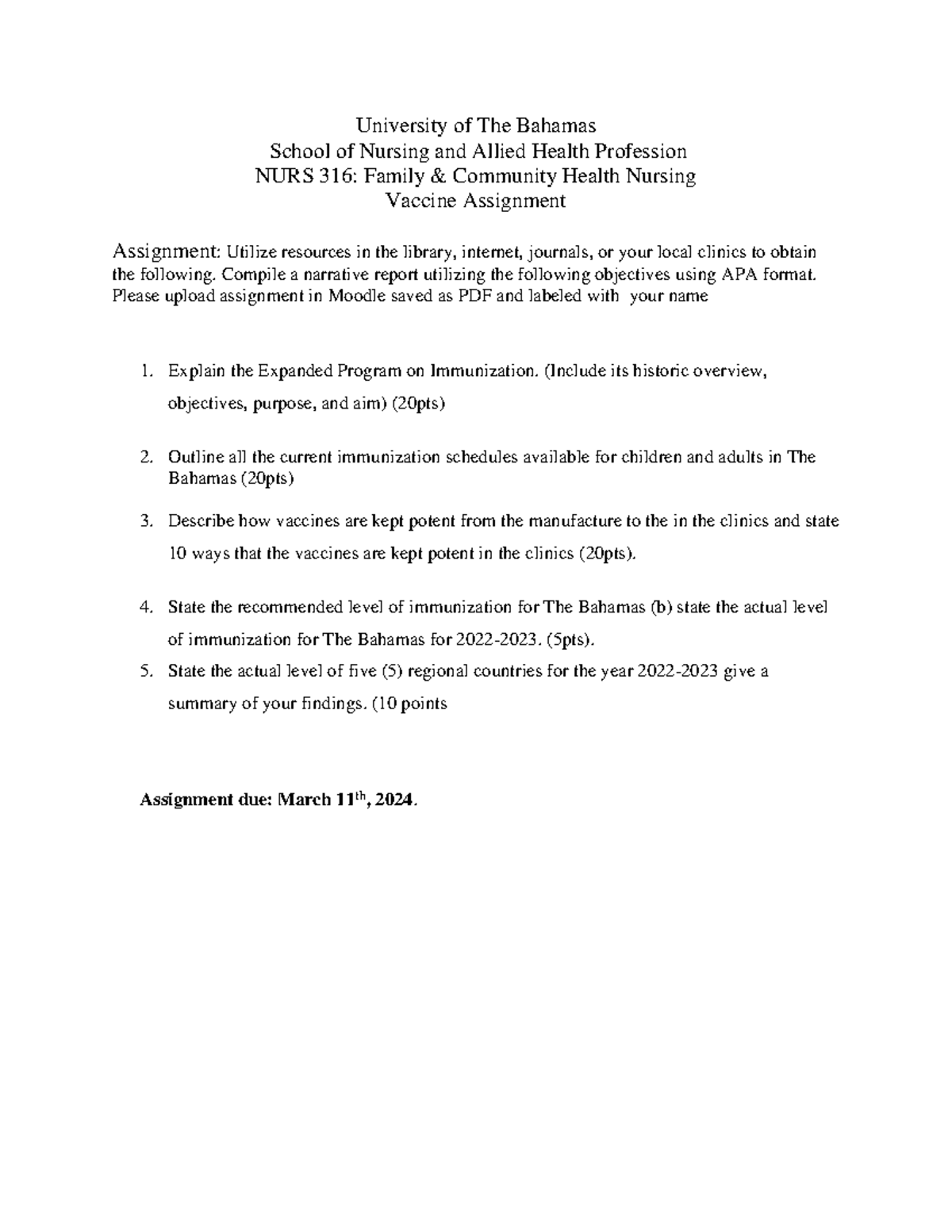 Vaccine Assignment 2024 - University of The Bahamas School of Nursing ...