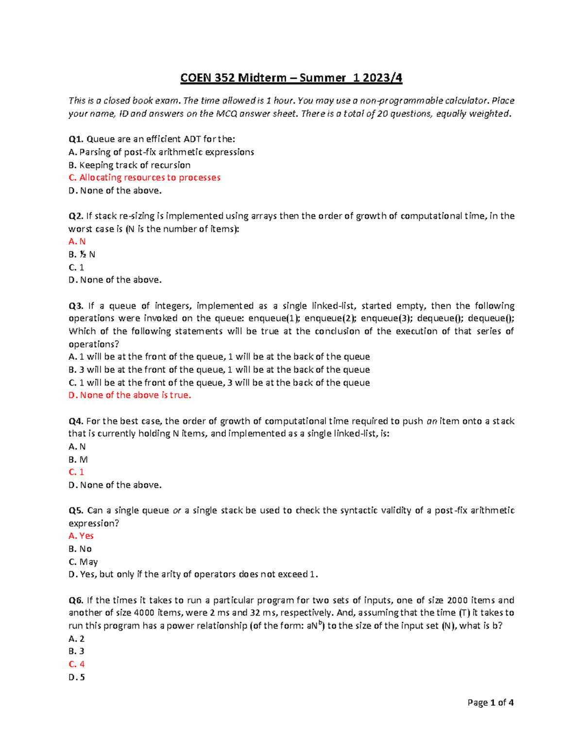 COEN 352 Midterm R - The time allowed is 1 hour. You may use a non-programmable calculator ...