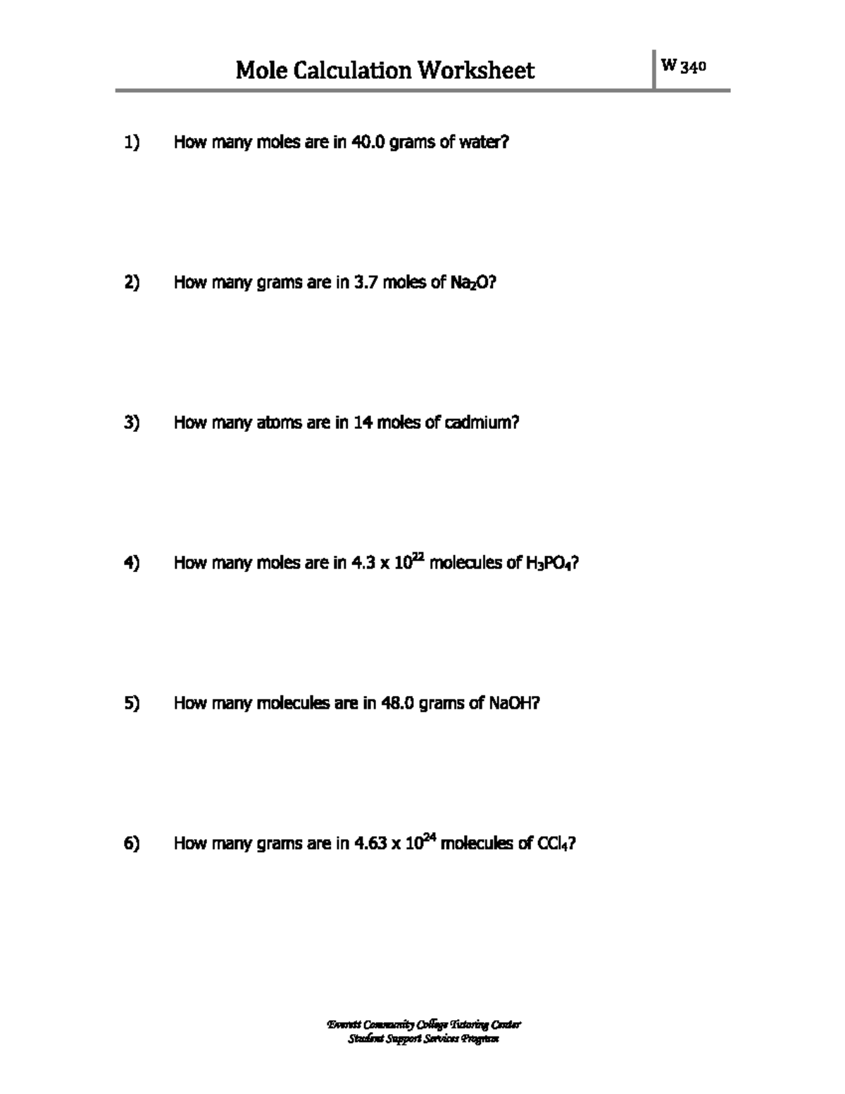 CH1120 - Mole Calculation Worksheet - CH1120 - Studocu