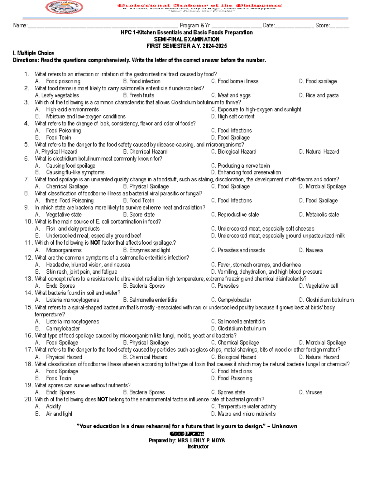 SEMI- Final EXAM HPC1 - Instructional Materials - - Studocu