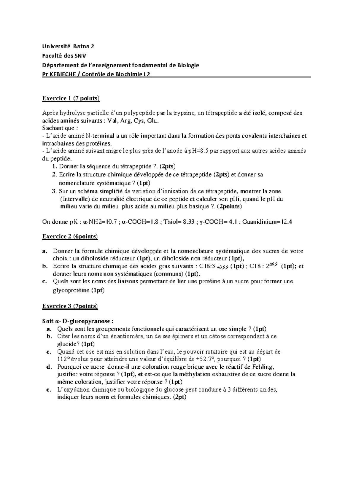 Examen 1 Biochimie Structurale Batna 2 2023 - Université Batna 2 ...