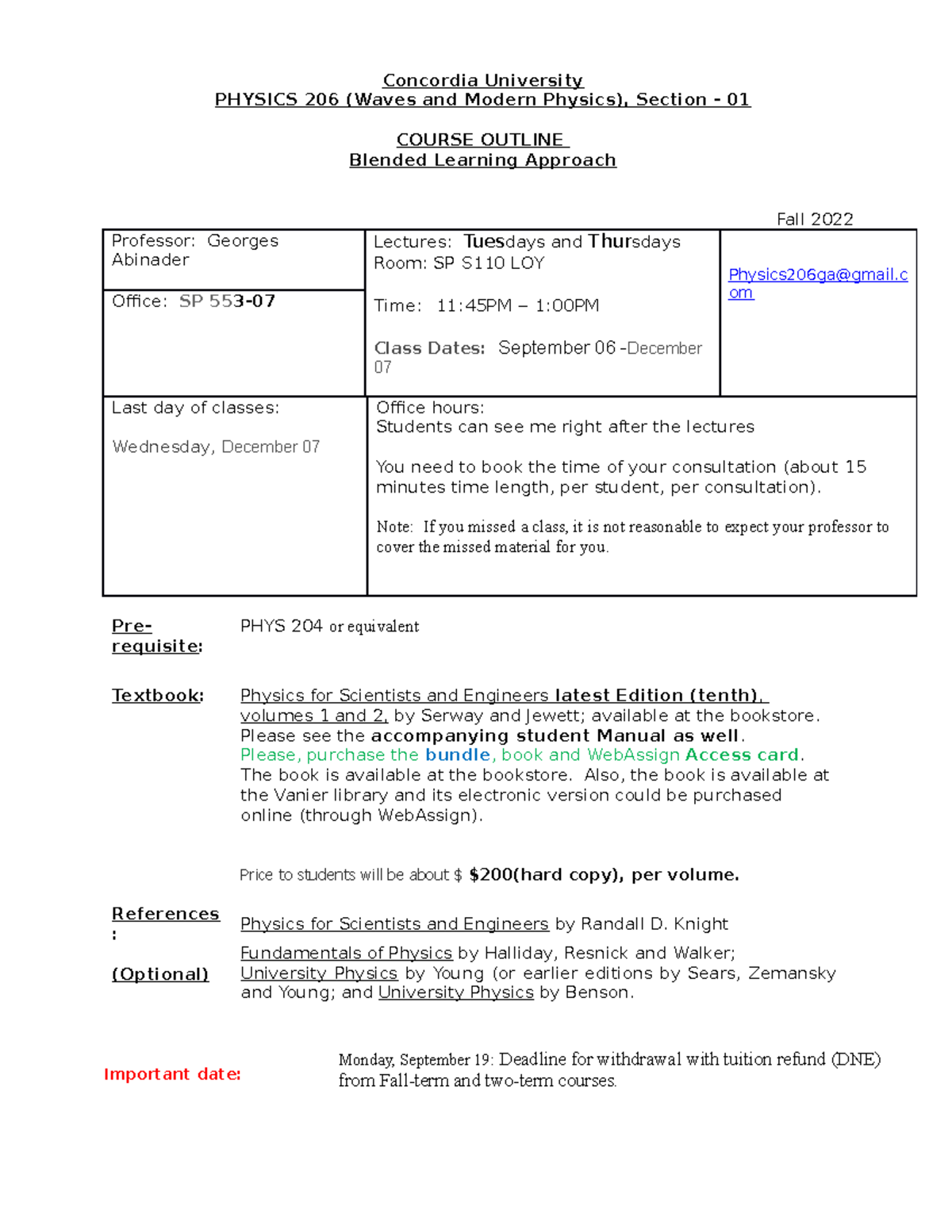 1 - PHYS 206 - Course outline - Fall 2022-section- 01 - Concordia ...