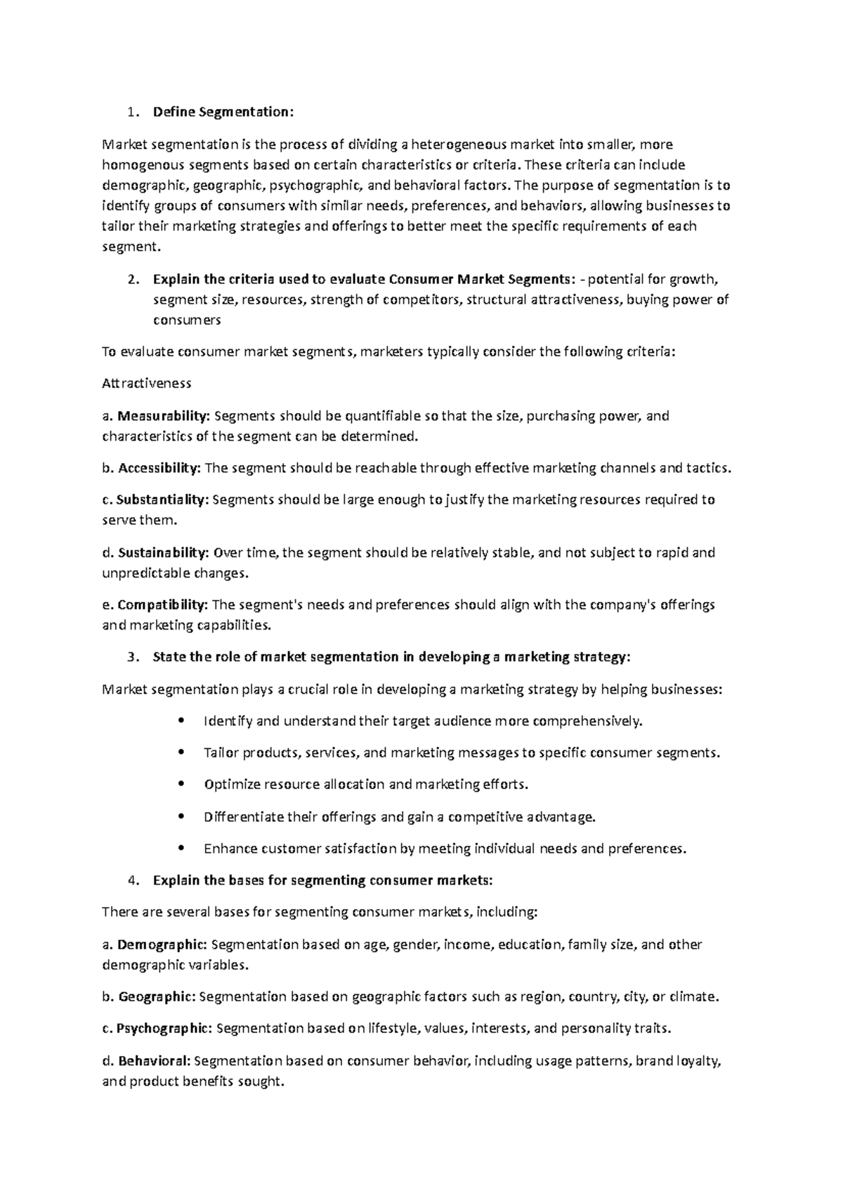 FOM Workbook 4 - Define Segmentation: Market segmentation is the ...