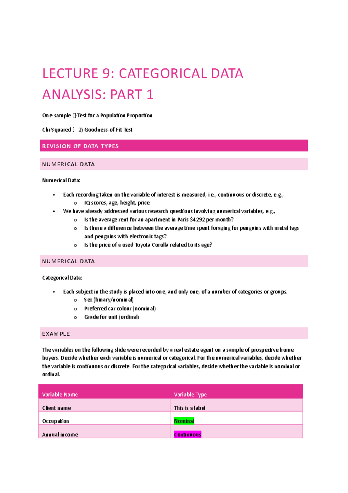 Lecture 9 - lec - LECTURE 9: CATEGORICAL DATA ANALYSIS: PART 1 One ...
