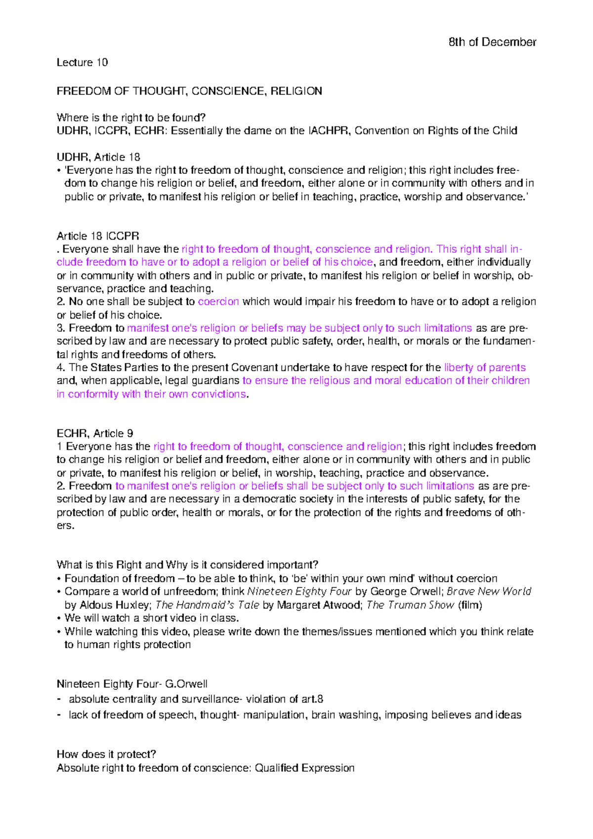 HR Lecture 10 - Freedom of Thought, Conscience and Religion explained ...