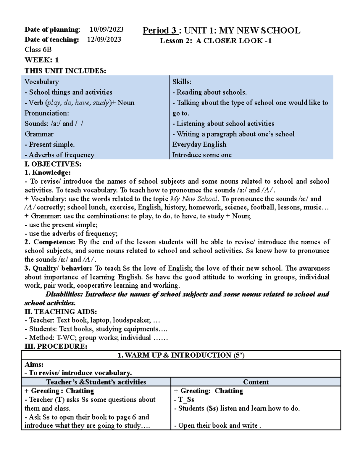 Unit 1-Lesson 2. A closer look -1 - Date of planning: 10/09/ Date of ...