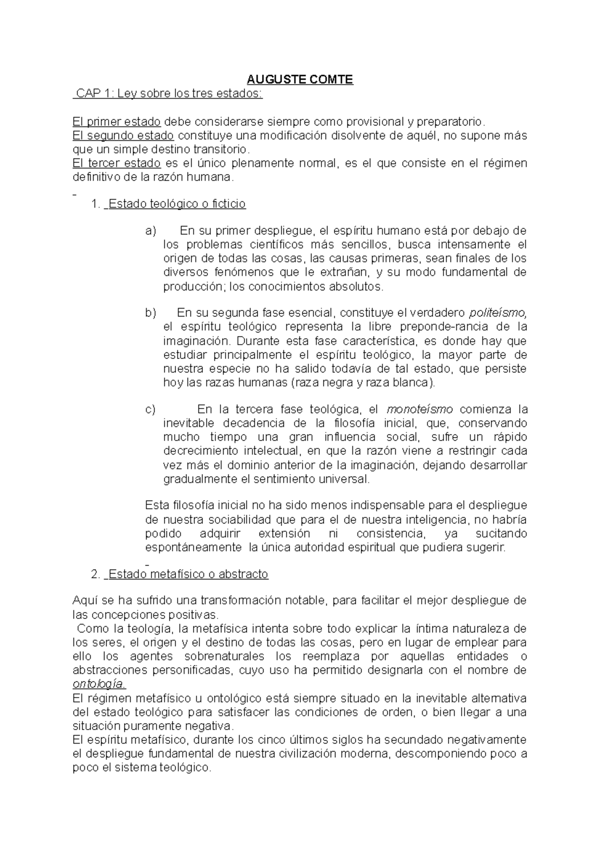 Resumen Historia - AUGUSTE COMTE CAP 1: Ley sobre los tres estados: El ...