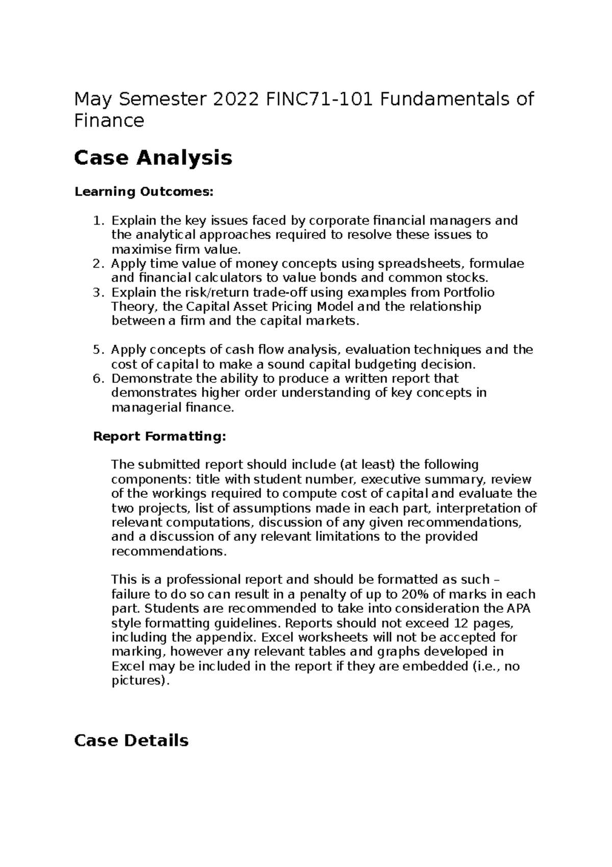 Finance Case Analysis finals - May Semester 2022 FINC71-101 ...