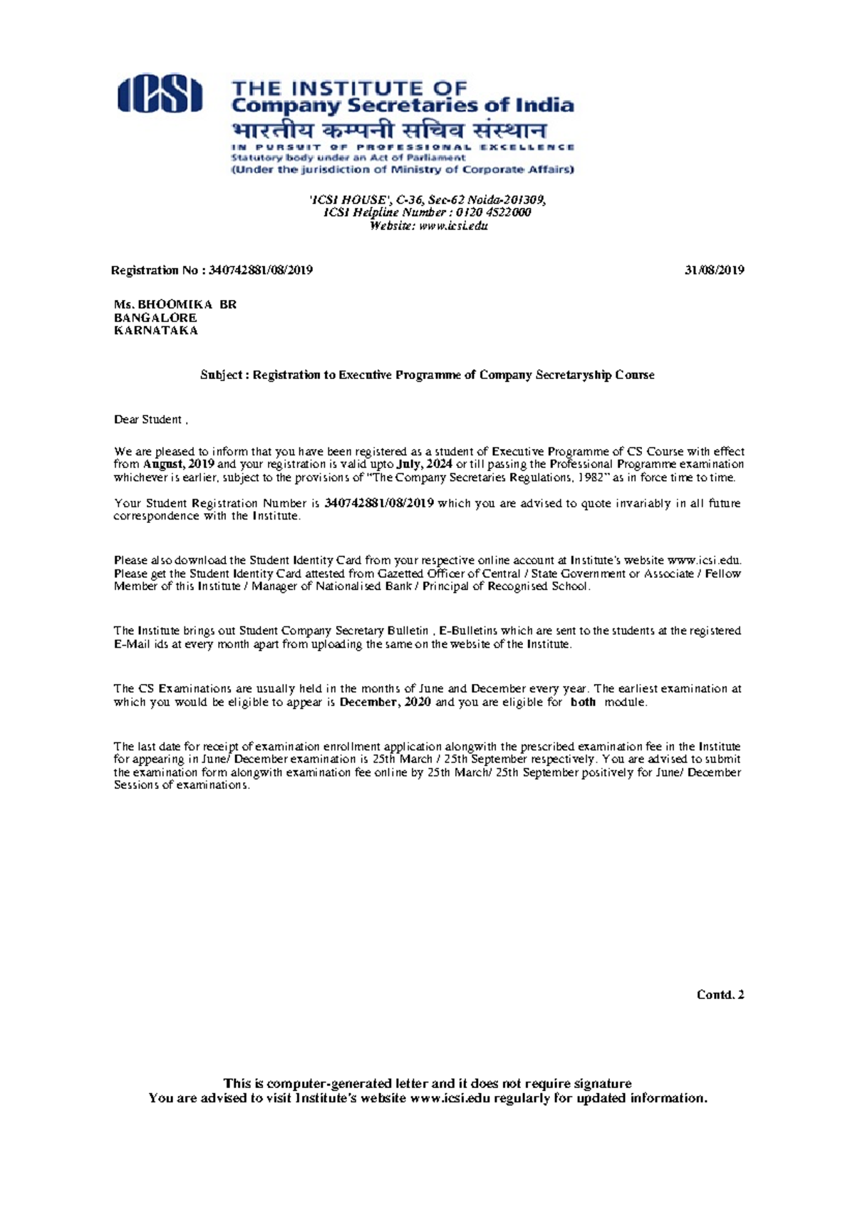 Executive Reg Letter - Practice paper - 'ICSI HOUSE', C-36, Sec-62 ...