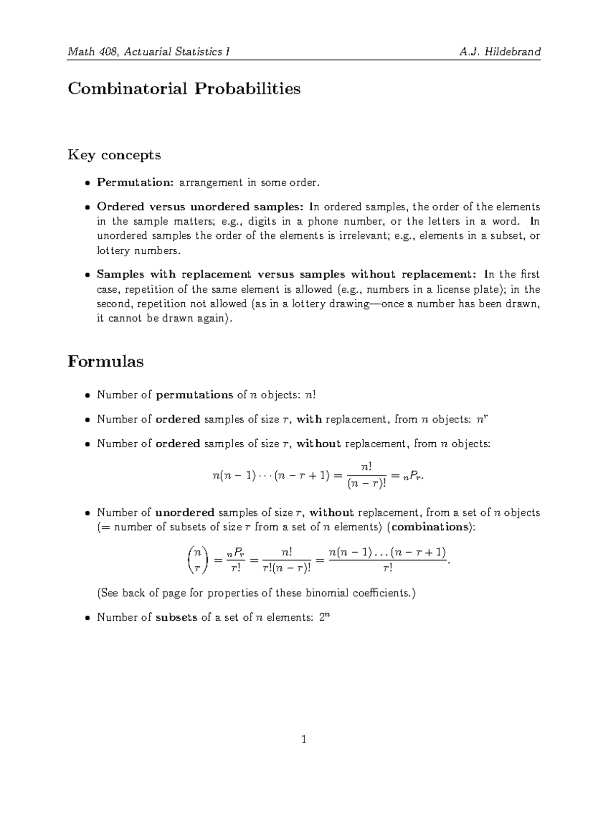 Combinatorial-Probabilities - Math 408, Actuarial Statistics I A. Hildebrand Combinatorial - Studocu