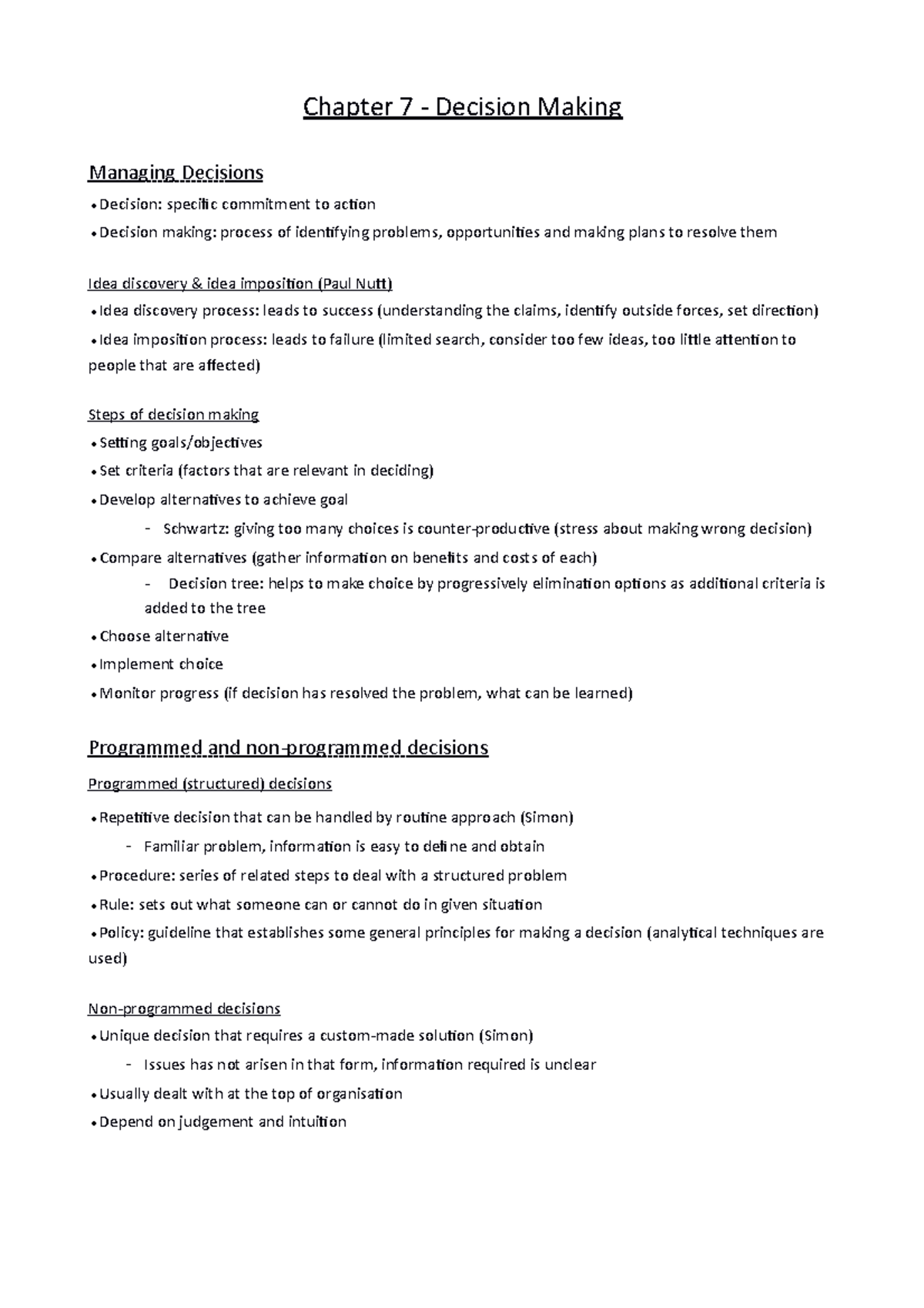 MOM Chapter 7 Summary - Chapter 7 - Decision Making Managing Decisions ...