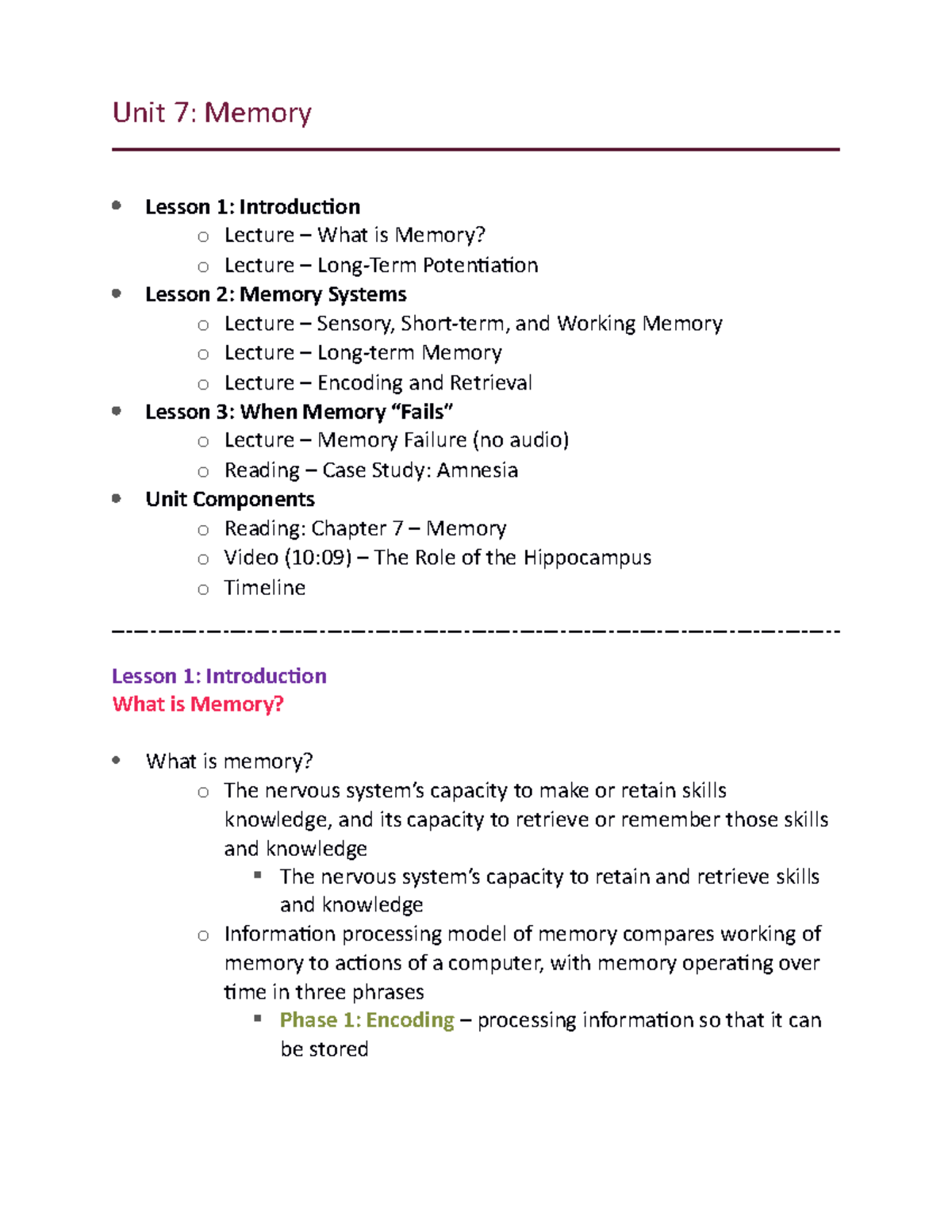 Notes (Unit 7) - Memory (systems, fails, and more) - Unit 7: Memory ...