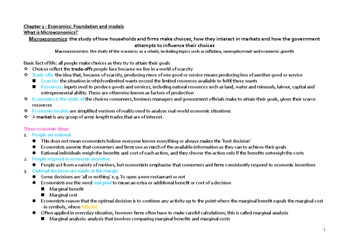 Economic Principles (Micro) Full Summarised Exam Notes - Chapter 1 ...