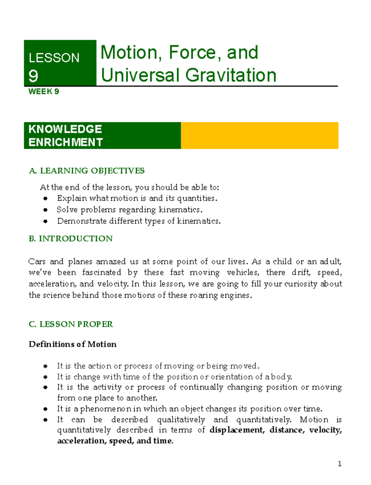 Physical Science Modules 9 12 - LESSON 9 Motion, Force, and Universal ...