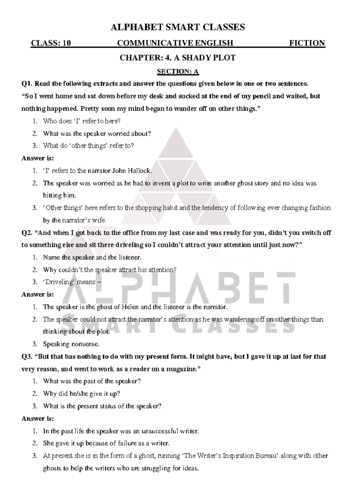 A Shady Plot Qn A - K8U86IU - ALPHABET SMART CLASSES CLASS: 10 COMMUNICATIVE ENGLISH FICTION ...