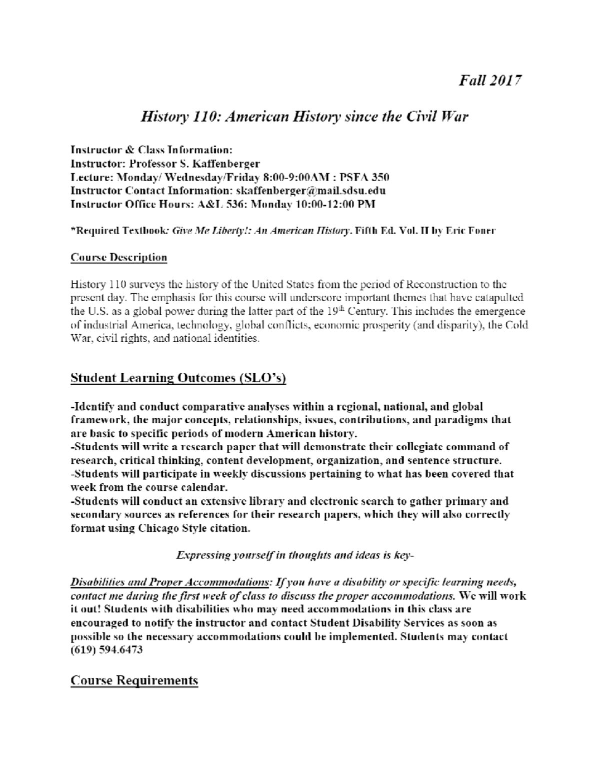 HIST 110 American History since the Civil War, sections 01, 02, and 09 ...